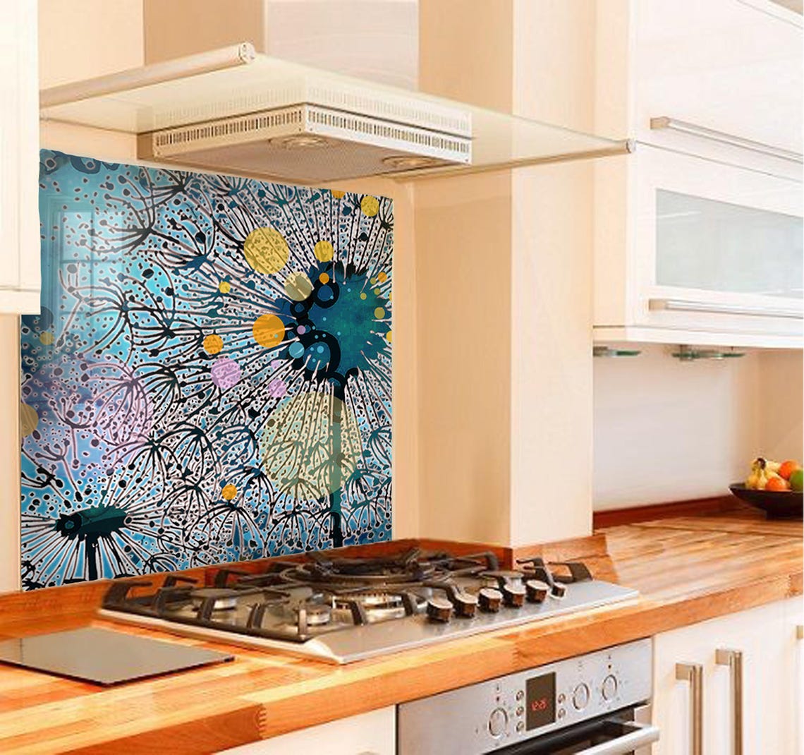 Dandelion Tempered Glass Kitchen Splashback: Navy Blue Floral Panel ...