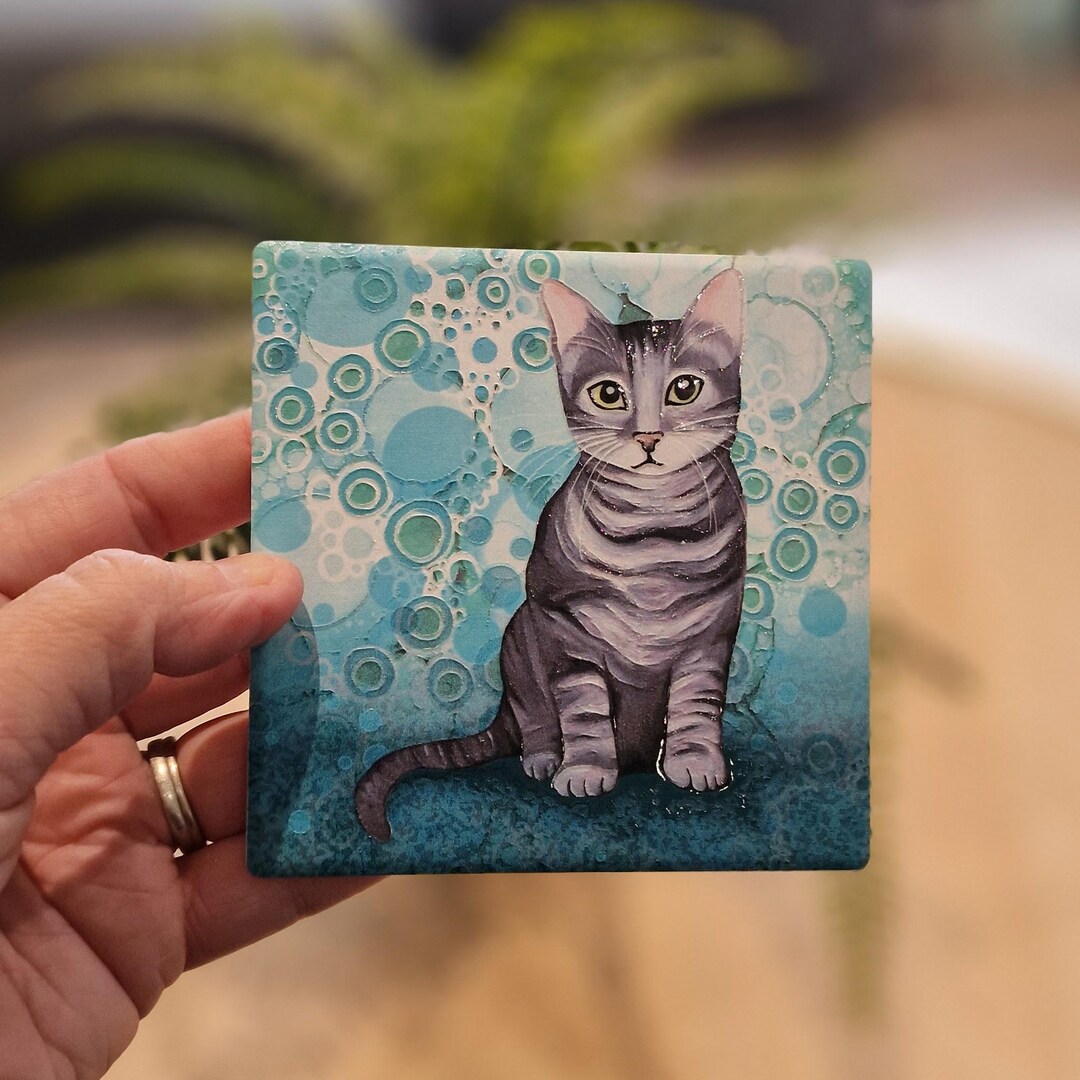 Hand-painted Grey Cat Ceramic Coaster: Cork Backed - Etsy
