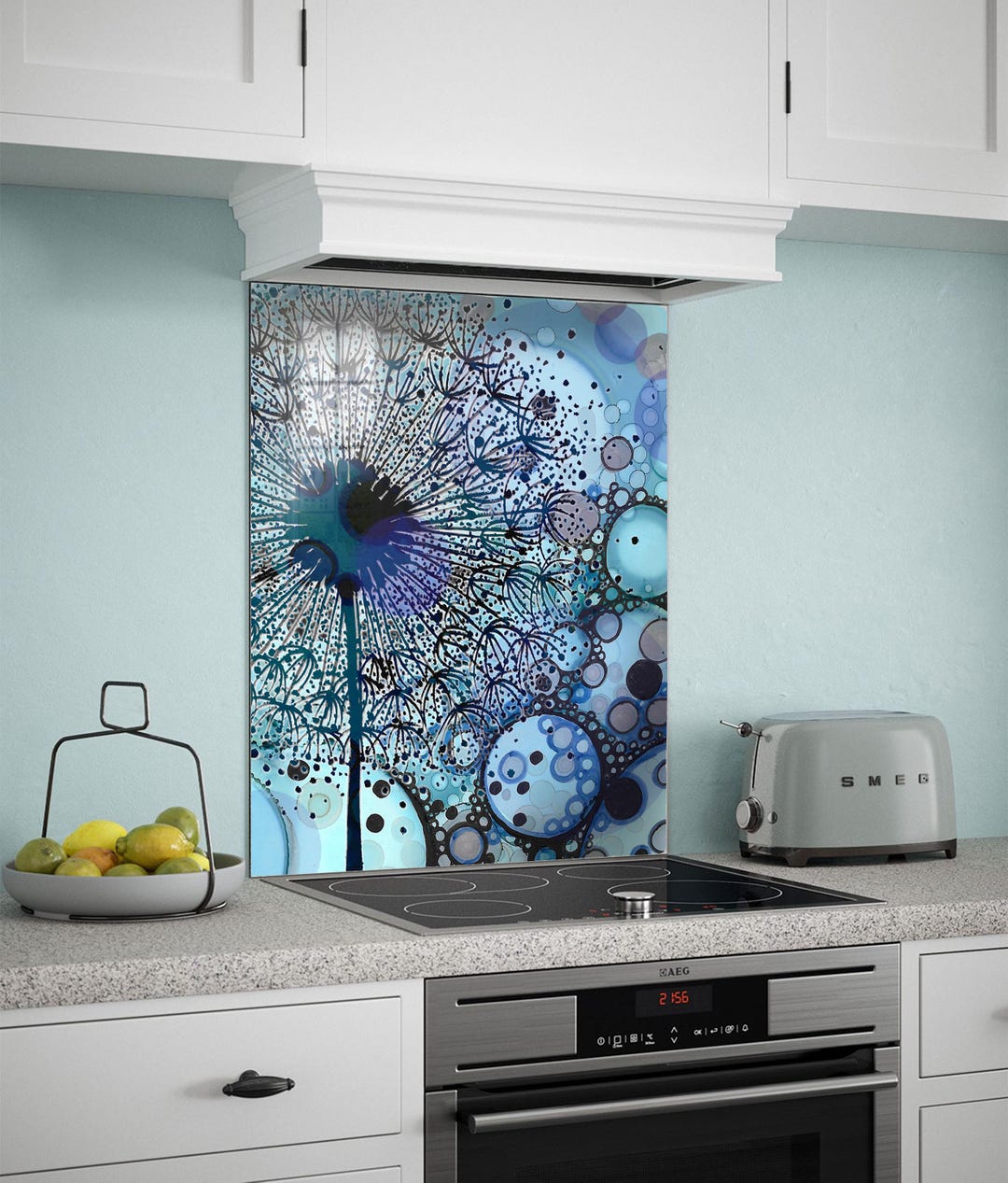 Dandelion Tempered Glass Kitchen Splashback: Purple Blue Floral Panel ...