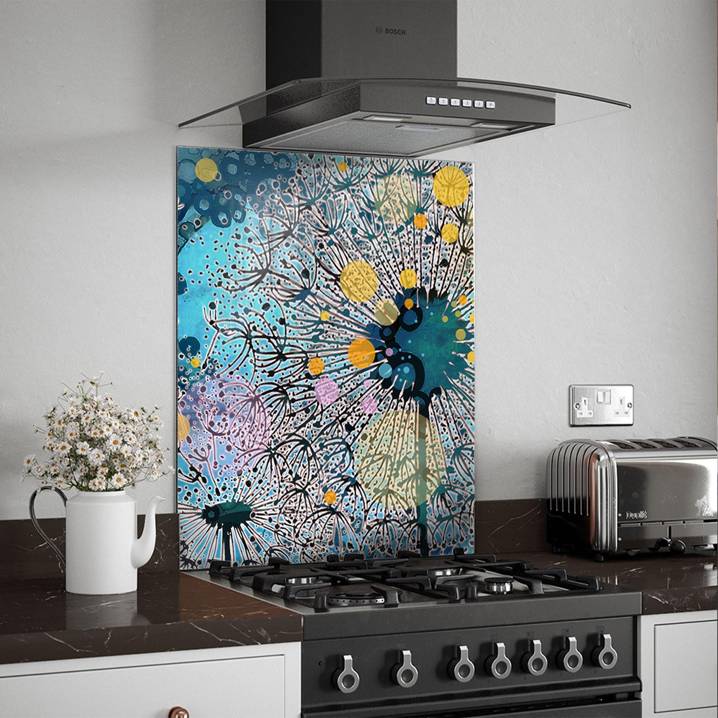 Dandelion Tempered Glass Kitchen Splashback: Navy Blue Floral Panel ...