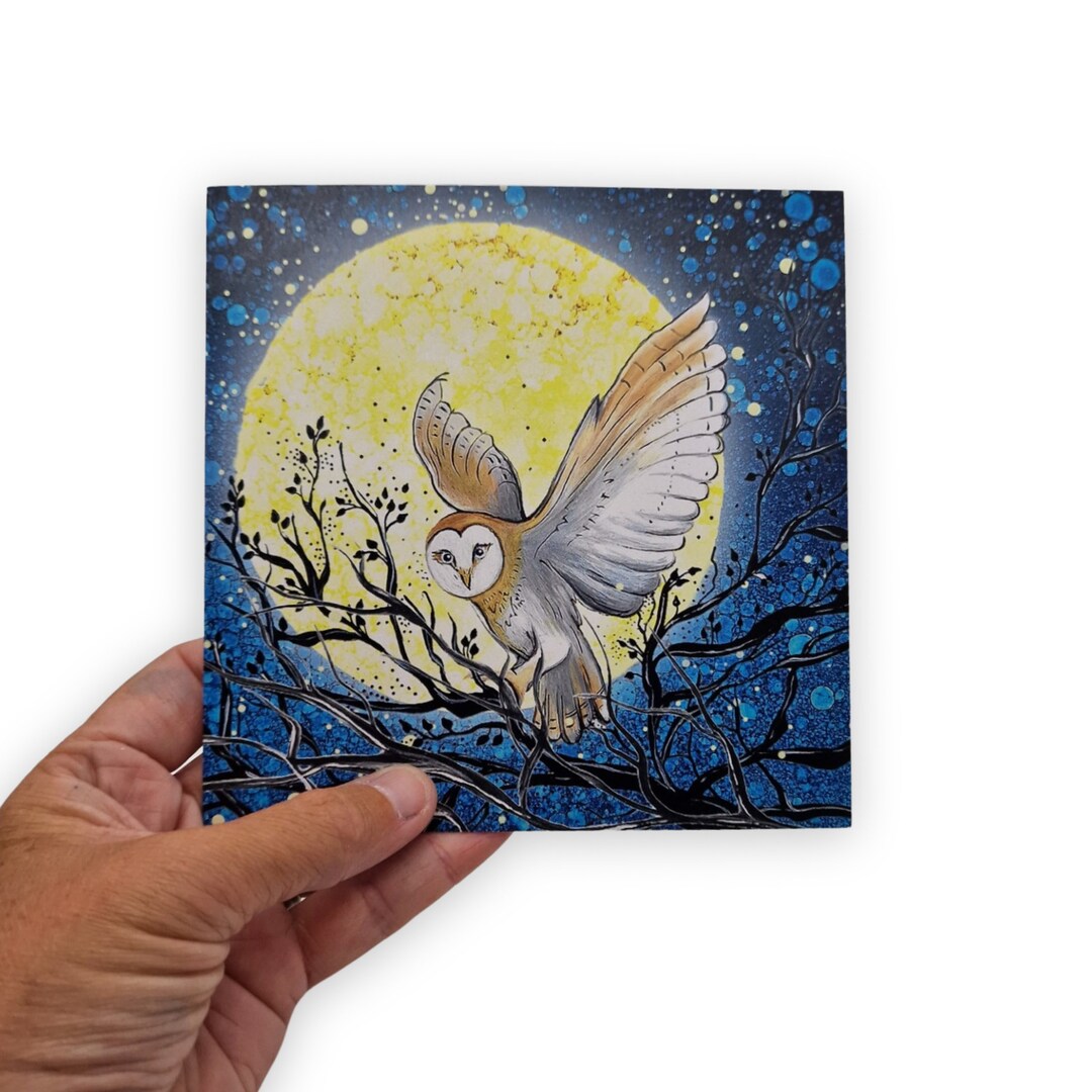 Owl Greetings Cards, Night Time Owl Cards, Moon Light Cards, Colourful ...