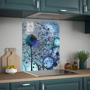 Dandelion Tempered Glass Kitchen Splashback: Purple Blue Floral Panel ...