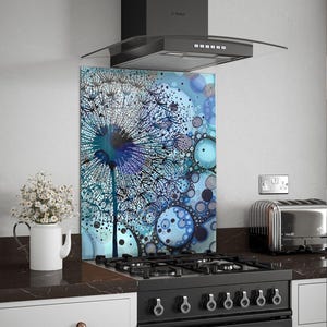 Dandelion Tempered Glass Kitchen Splashback: Purple Blue Floral Panel ...