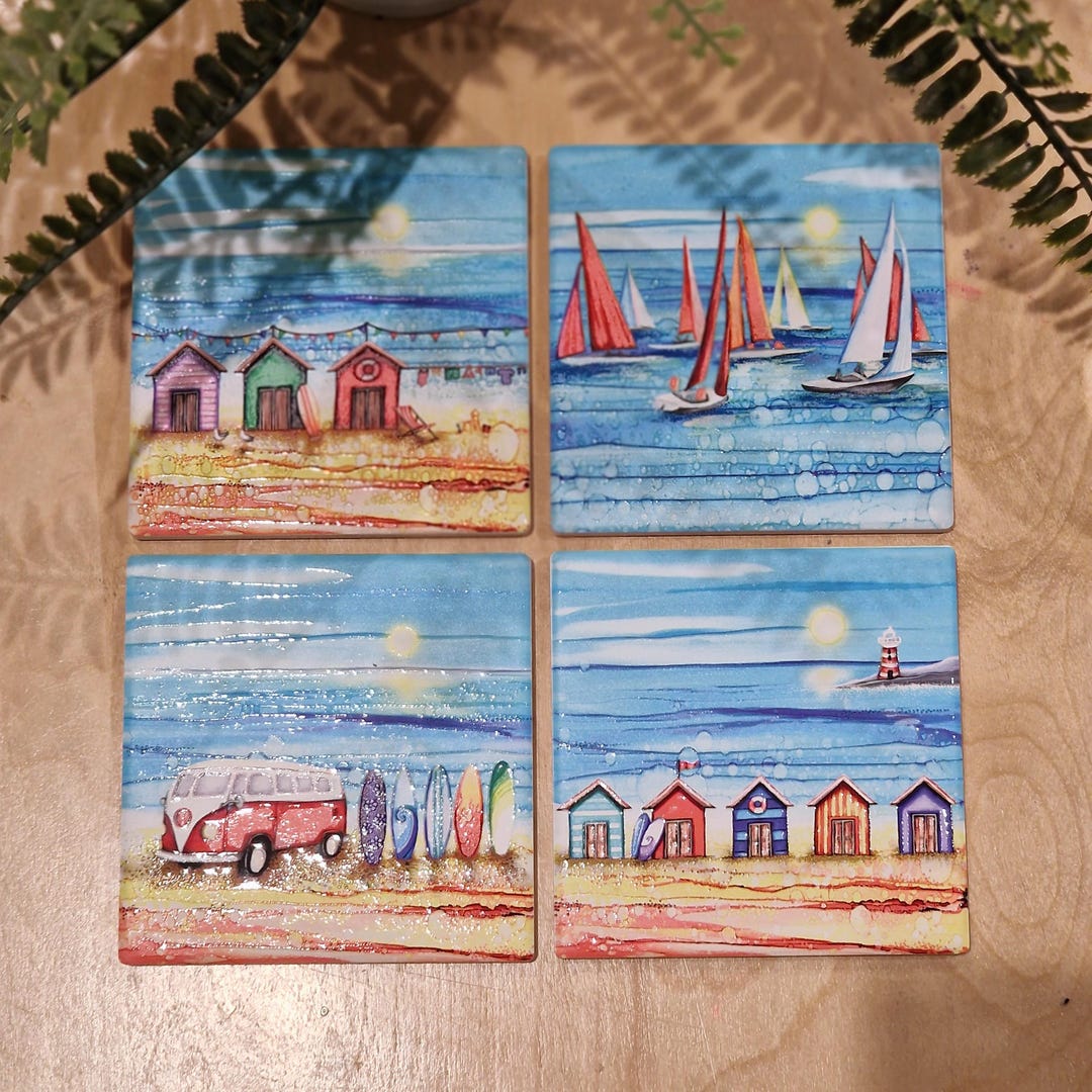 Seaside Ceramic Coasters, Beach Lover Gift, Set of 4 - Etsy