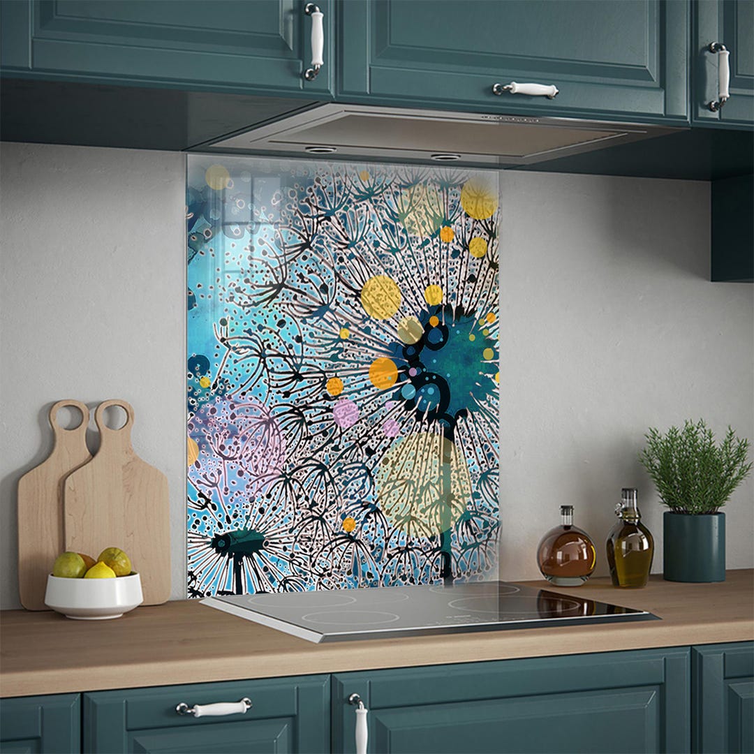 Dandelion Tempered Glass Kitchen Splashback: Navy Blue Floral Panel ...