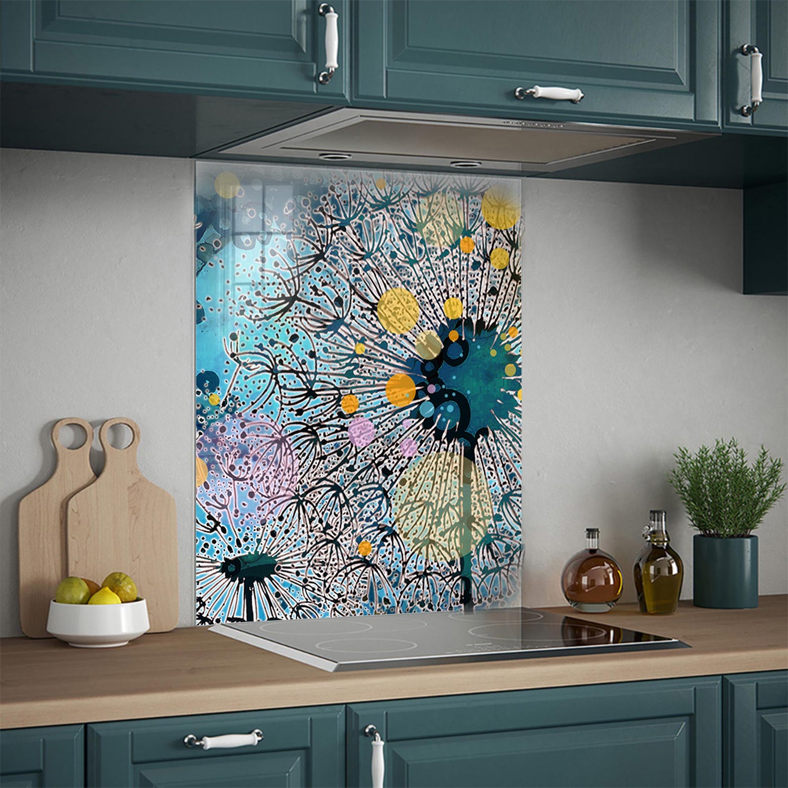 Dandelion Tempered Glass Kitchen Splashback: Navy Blue Floral Panel ...