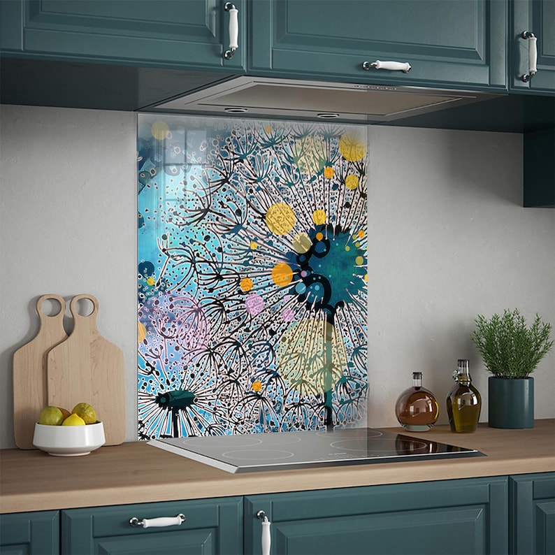Dandelion Tempered Glass Kitchen Splashback: Navy Blue Floral Panel ...