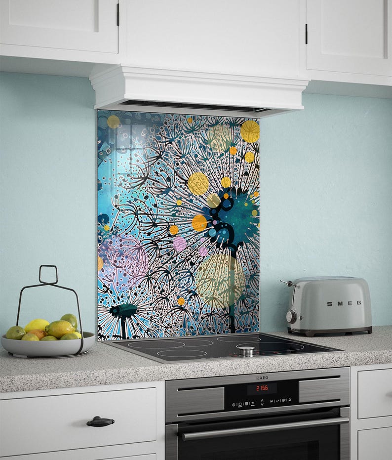 Dandelion Tempered Glass Kitchen Splashback: Navy Blue Floral Panel ...