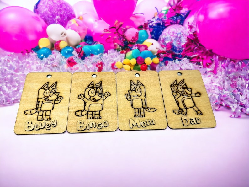 Custom Engraved Bluey Tags Set of 4 Personalized Wooden Name Tags ...