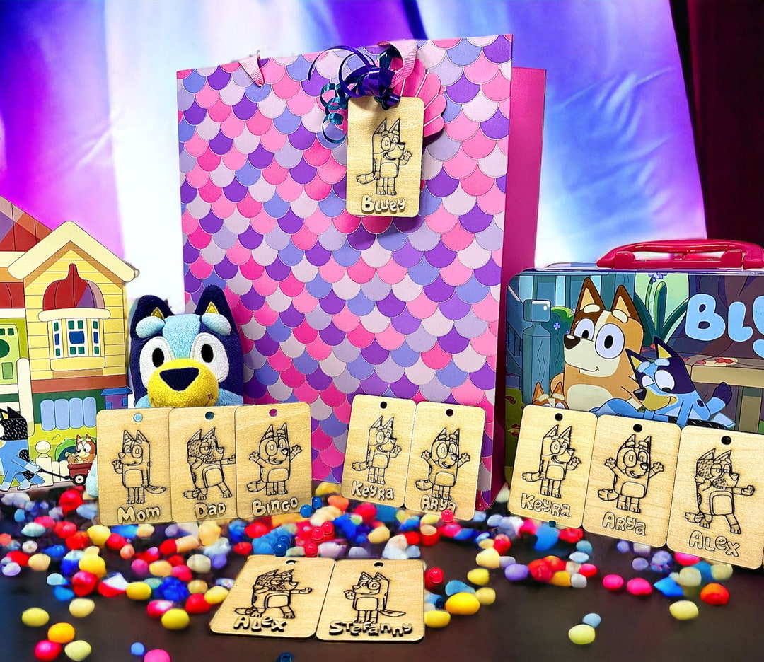 Custom Engraved Bluey Tags Set of 4 Personalized Wooden Name Tags ...