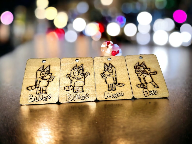 Custom Engraved Bluey Tags Set of 4 Personalized Wooden Name Tags ...