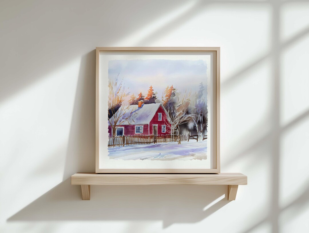 Cozy Red House Wall Art, Watercolor Landscape Art, Digital Art, Square ...