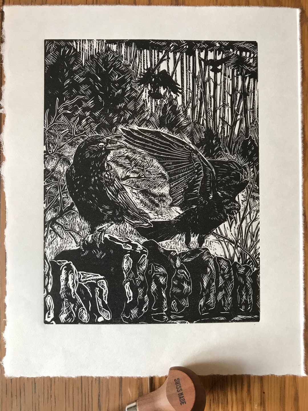 Feeding the Crows Original Linocut Print by Roni - Etsy UK
