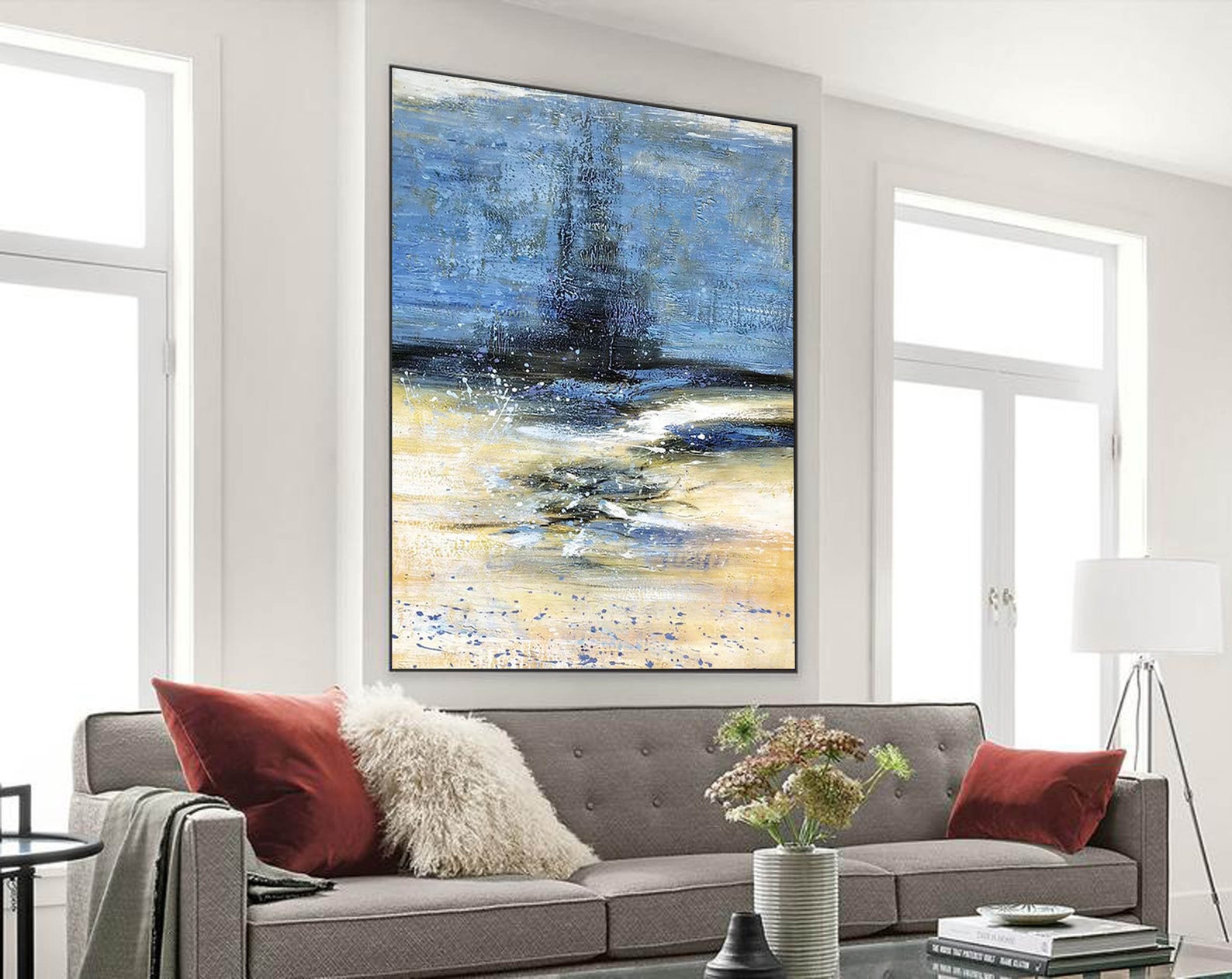 Large Blue Painting on Canvas, Large Abstract Wall Art, Modern Abstract ...