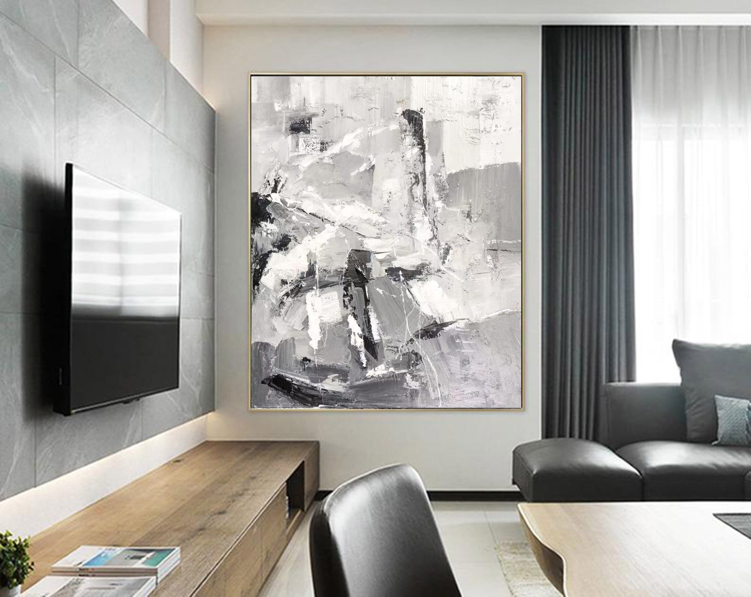 Large abstract painting original black and white painting | Etsy