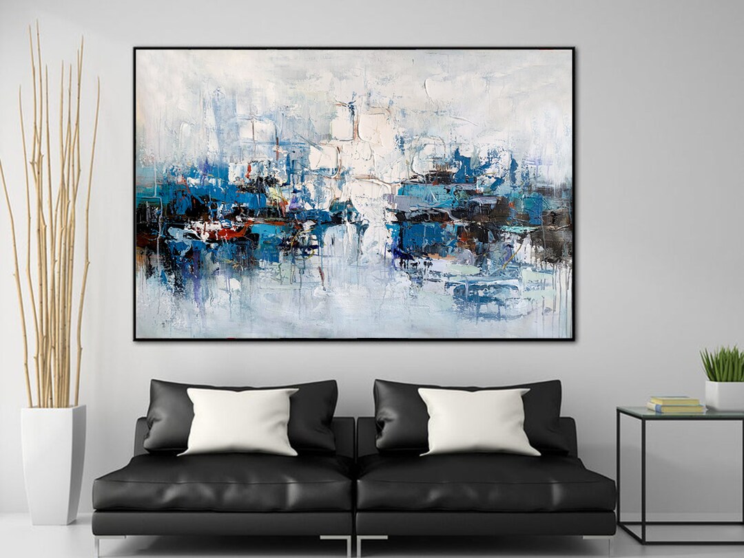 Oversized Painting Blue Abstract Painting Textured Wall Art Modern ...