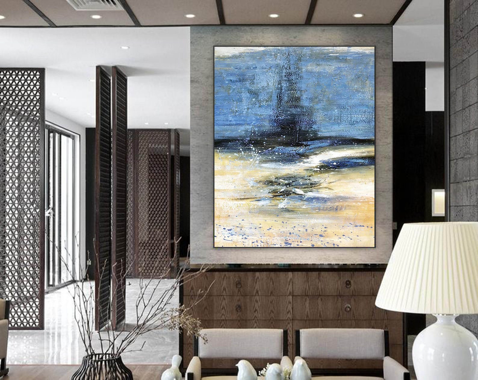 Large Blue Painting on Canvas, Large Abstract Wall Art, Modern Abstract ...