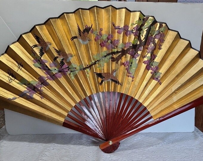 Large Asian Hand Painted Wall Fan Birds Gold - Etsy