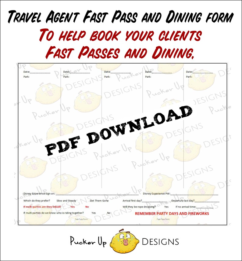 Travel Agent Dining and Fast Pass Booking Form - Etsy