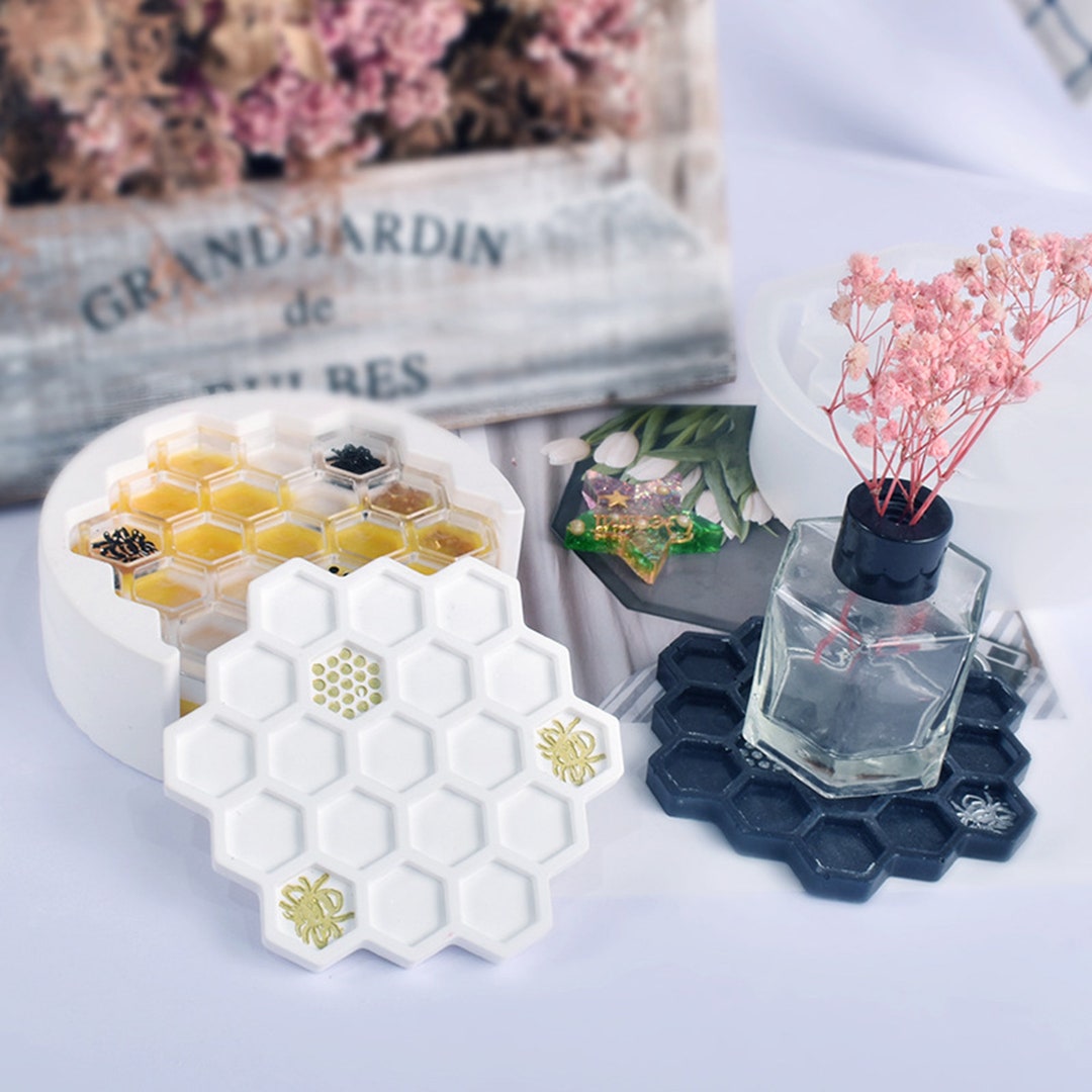 Honeycomb Coaster Silicone Resin Mold With Holder, Honeybee Coaster ...