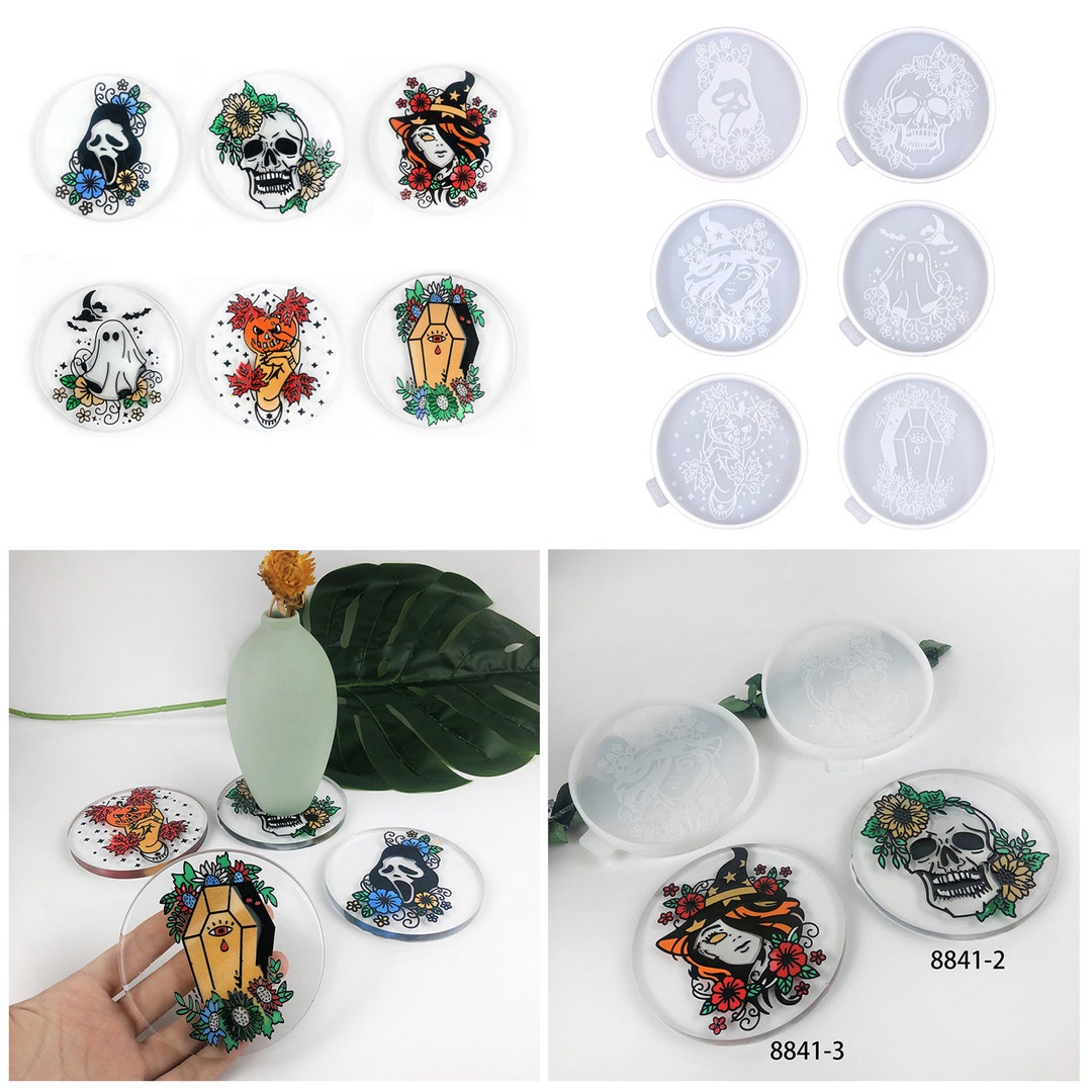 Witchy Gothic Coaster Set Resin Silicone Molds Skulls Witches Tombstones Pumpkins Spooky Ghost ...