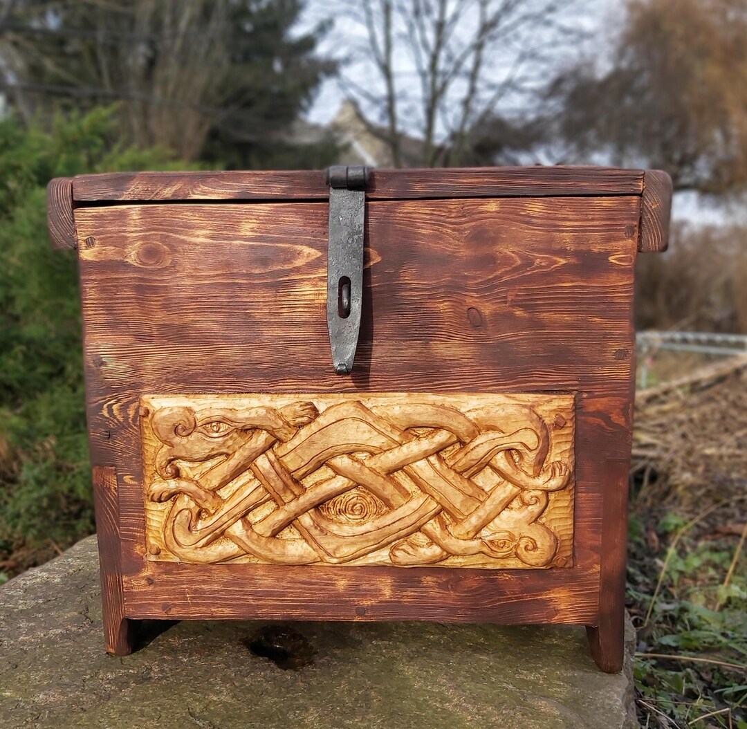 Wooden Box, Handmade Chest, Pine Wood Box, Chest With Carved Dragons ...