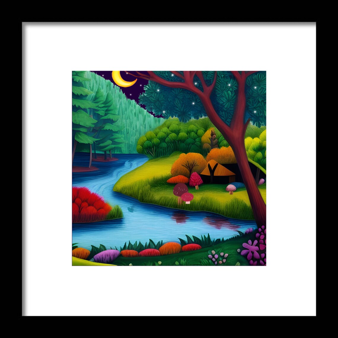 Magic Moon Printable Colorful Folk Art, Woods, Mushrooms, Cabin, River ...