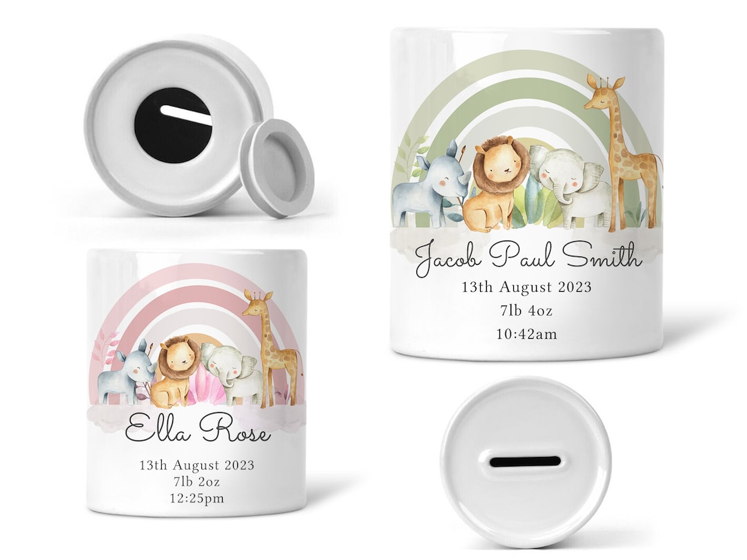 Personalised Money Box | Ceramic | Christening Keepsake | Jungle Safari ...
