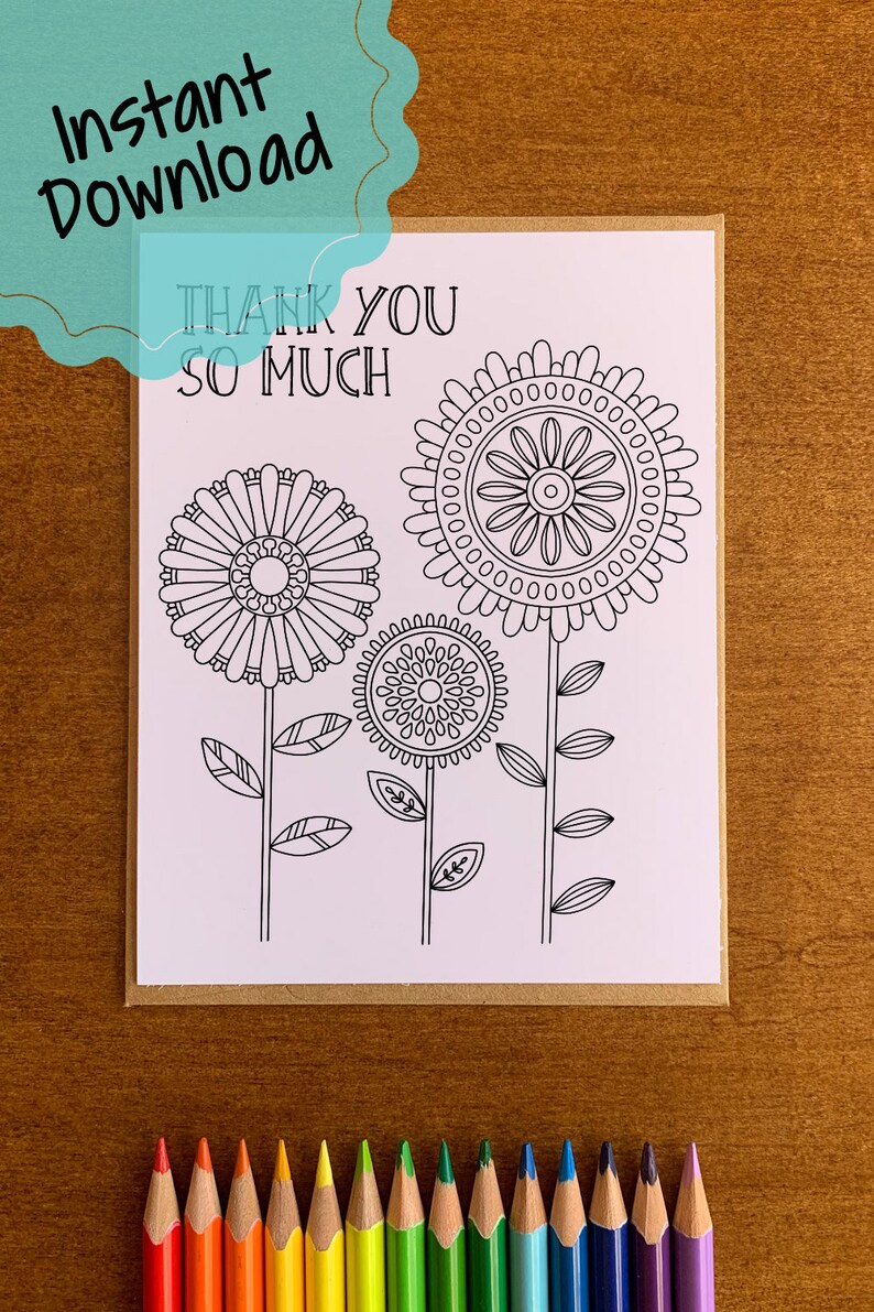 Printable Colorable Thank You Card | Floral Thank You Card | Blank ...