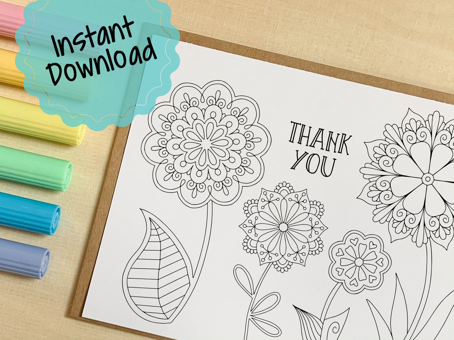 Printable Colorable Thank You Card Floral Thank You Card | Etsy