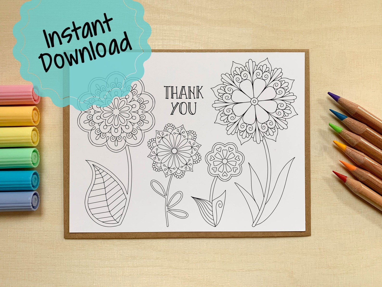 Printable Colorable Thank You Card Floral Thank You Card | Etsy