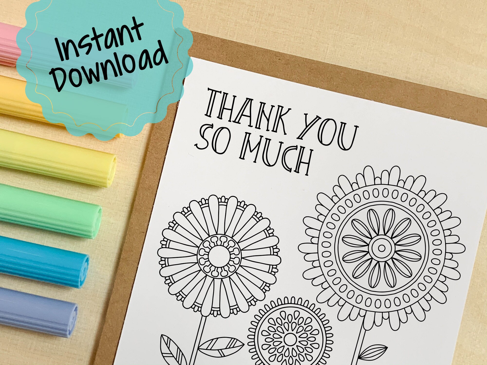 Printable Colorable Thank You Card Floral Thank You Card Blank Inside ...