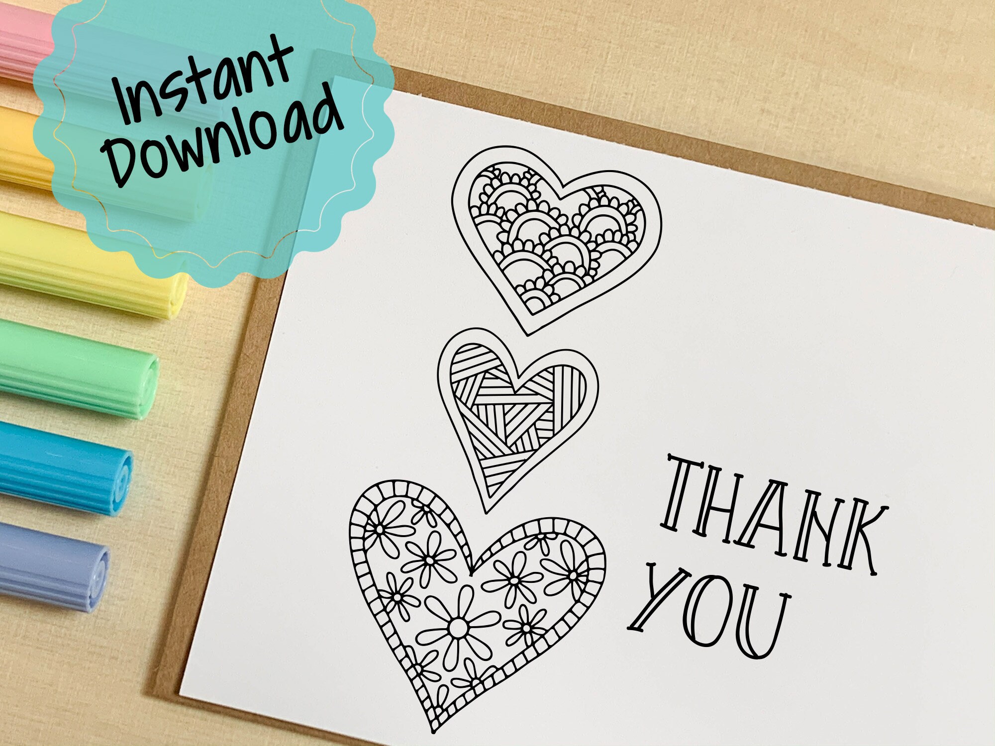 Printable Colorable Thank You Card Heart Thank You Card Blank Inside ...