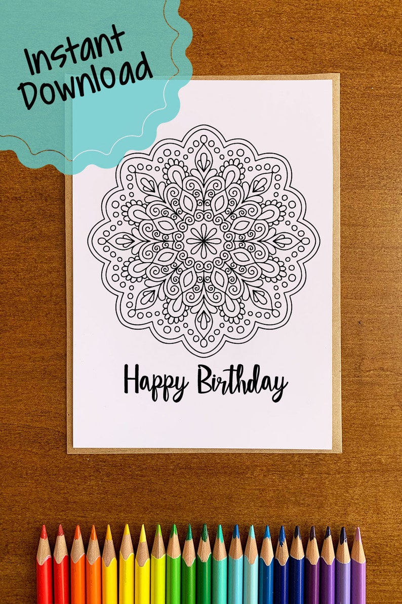 Print at Home Colorable Birthday Card Mandala Happy Birthday Card for ...
