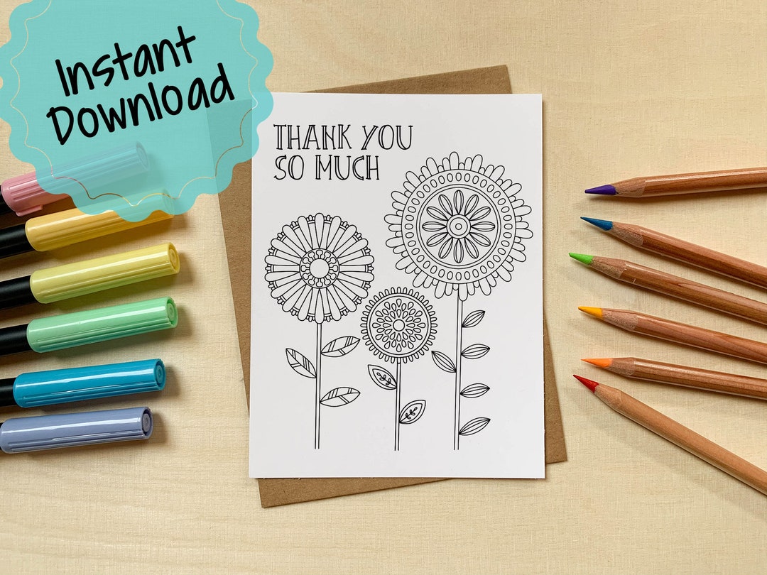 Printable Colorable Thank You Card | Floral Thank You Card | Blank ...