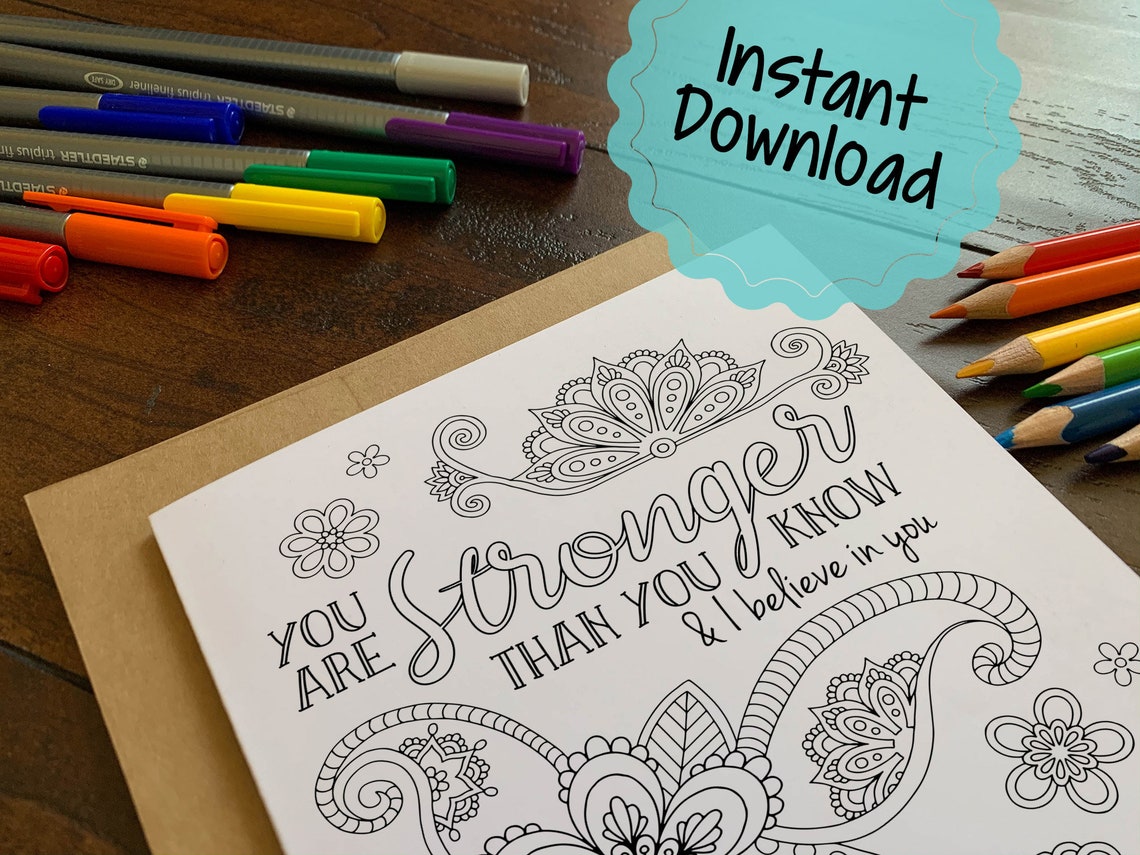 Printable Colorable Encouragement Card You Are Stronger Than - Etsy