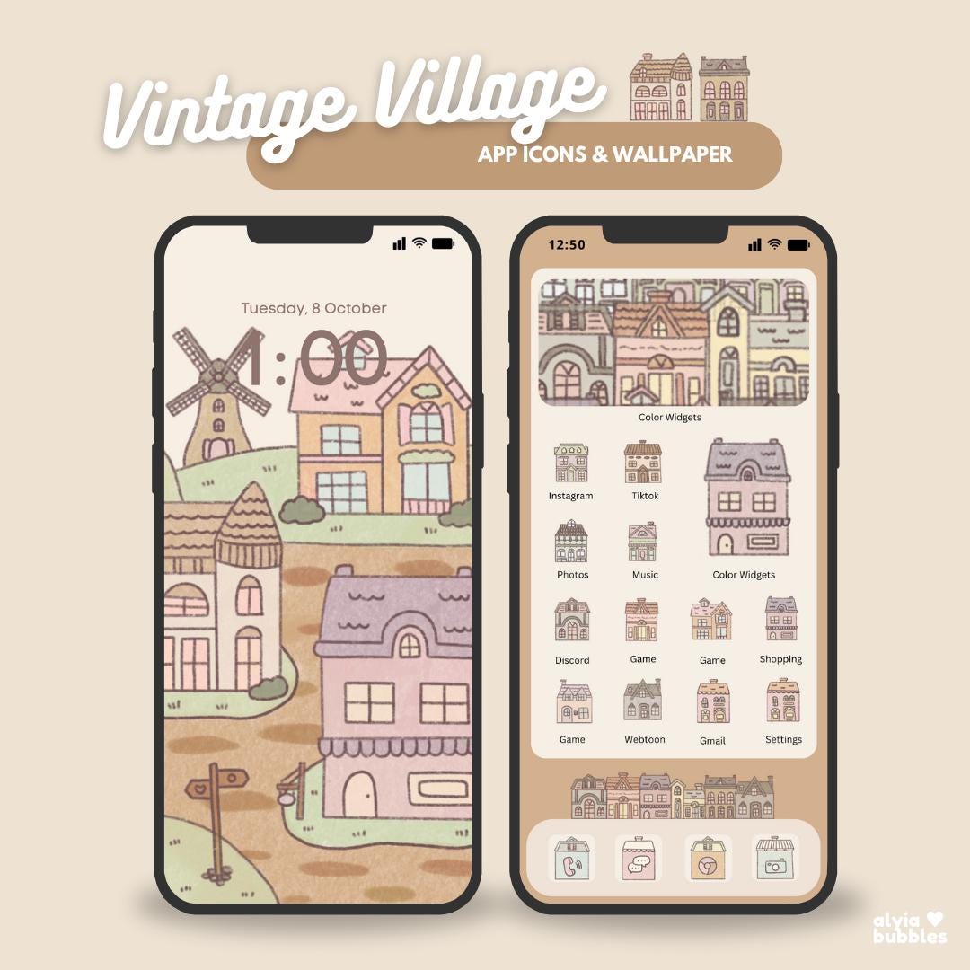 Vintage Village App Icon Set, Cottagecore Phone Theme (ios & Android ...