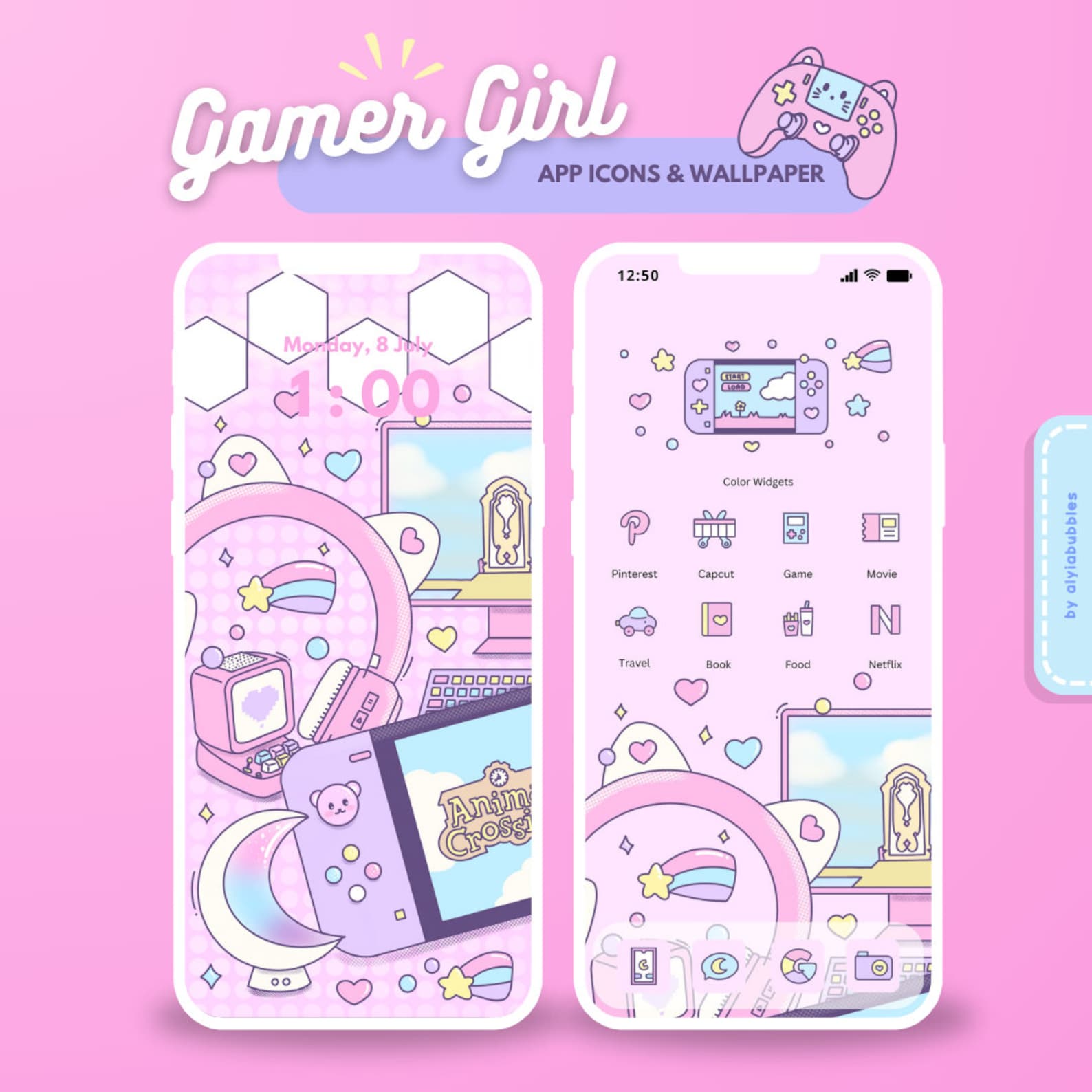Gamer Girl Ios Android App Icons, Cute Icon Pack, Pink App Icons, Cute ...