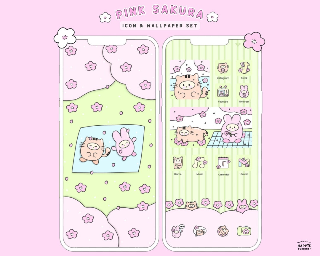 Pink Sakura Ios Android Cute Wallpaper Icon Set, Pink Phone Theme ...