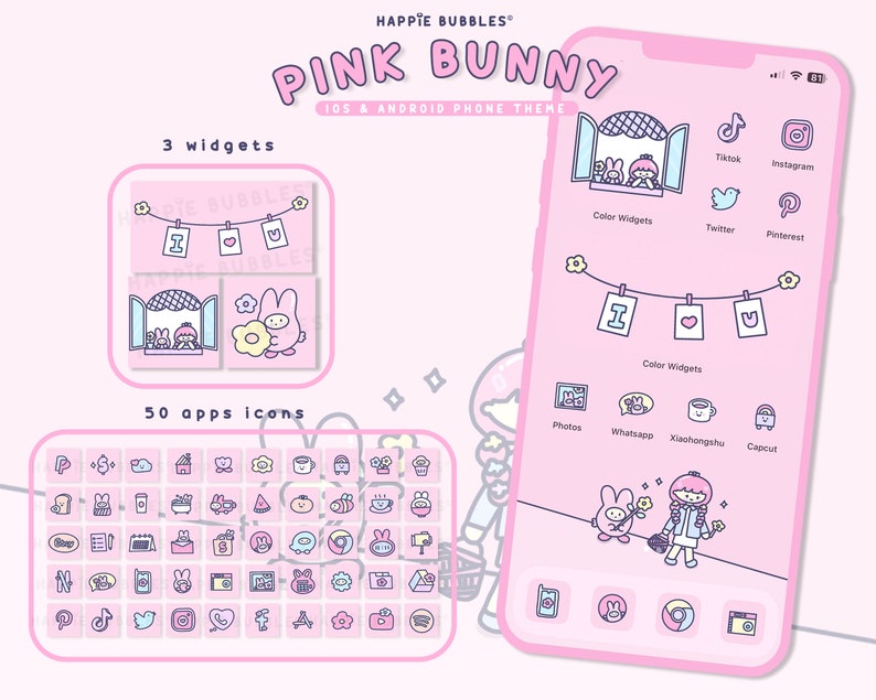 Pink Bunny Ios Android Cute App Icons Wallpaper Kawaii Ios App - Etsy