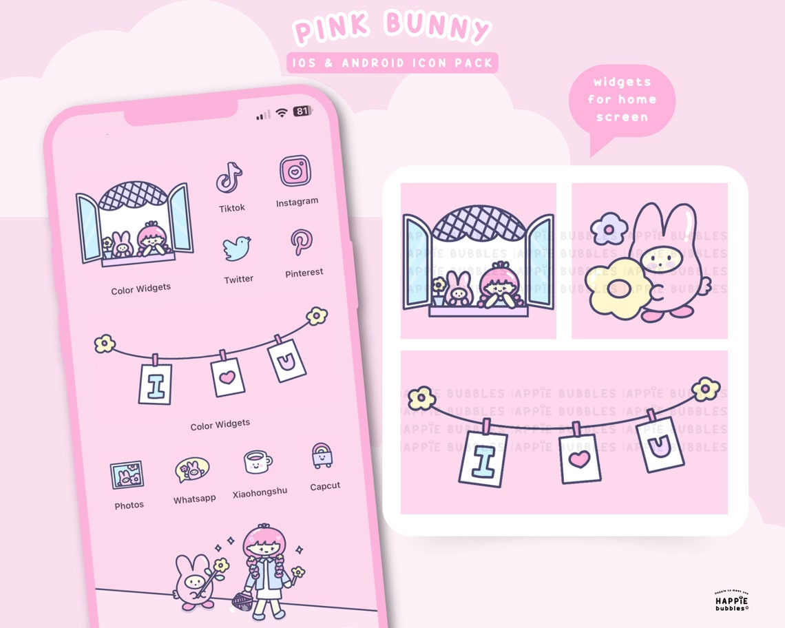 Pink Bunny Ios Android Cute App Icons Wallpaper Kawaii Ios App Icon ...
