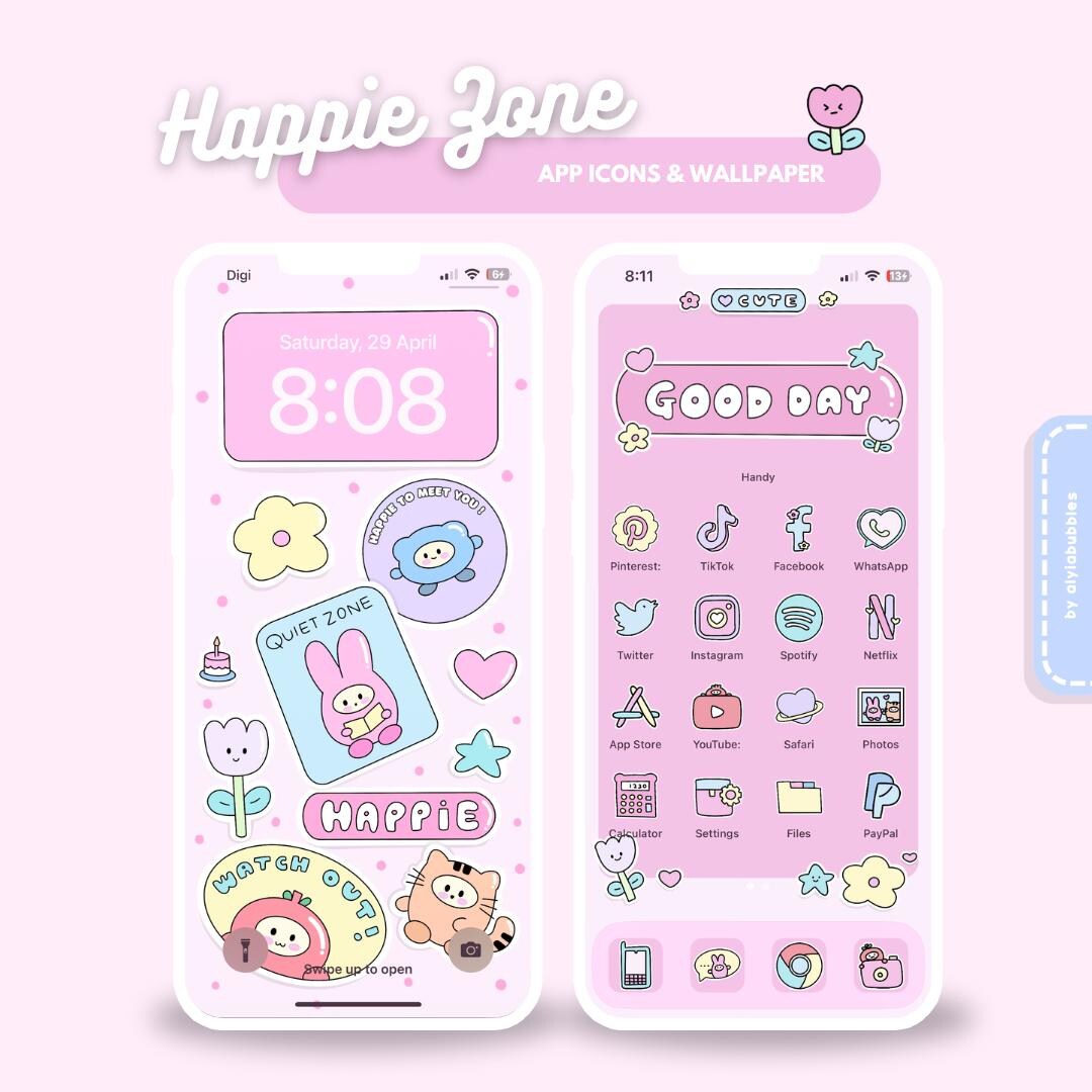Happie Zone Ios Android App Icons, Cute Icon Pack, Pink App Icons, Cute Phone Theme, Kawaii App ...