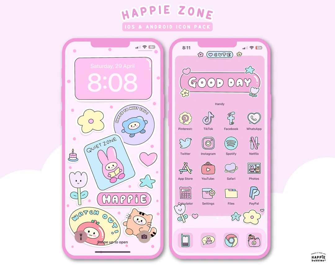 Happie Zone Ios Android App Icons, Cute Icon Pack, Pink App Icons, Cute Phone Theme, Kawaii App ...