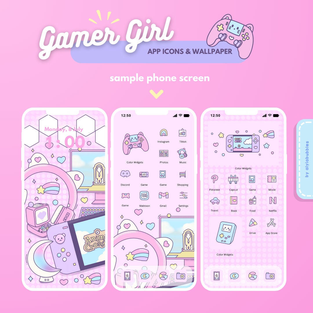 Gamer Girl Ios Android App Icons, Cute Icon Pack, Pink App Icons, Cute ...