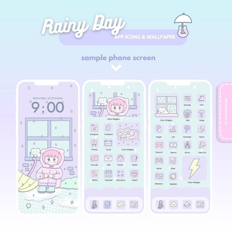 Rainy Day Ios Android App Icons, Cute Icon Pack, Pastel Purple App ...