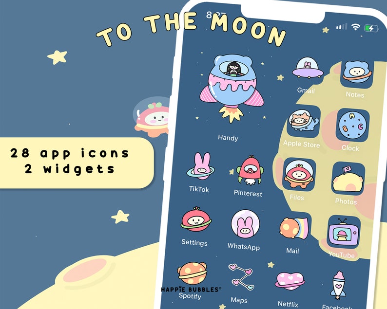 To the Moon Ios Android App Icons Cute Phone Theme Home - Etsy