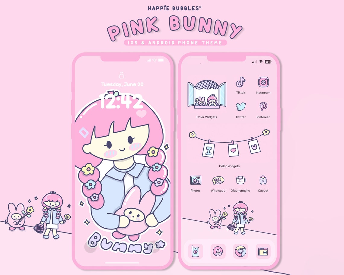 Pink Bunny Ios Android Cute App Icons Wallpaper Kawaii Ios App - Etsy
