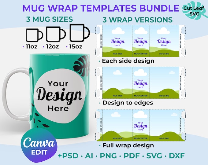 11oz, 12oz, 15oz Mug Template Set, Canva Template, Mug Wrap Template ...