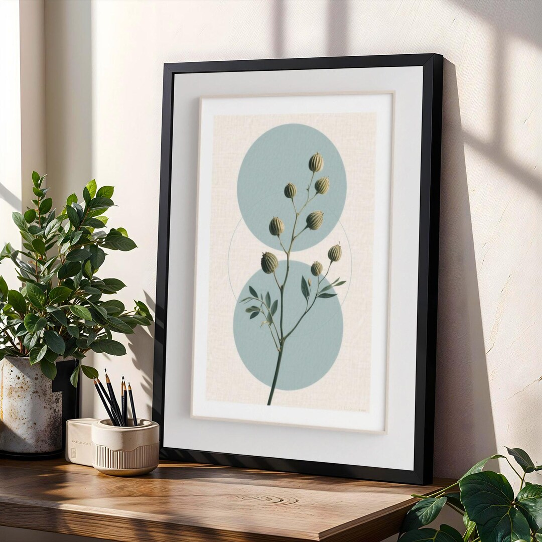 Botanical Seed Pods Art Print – Minimalist, Teal Circles and Sage ...