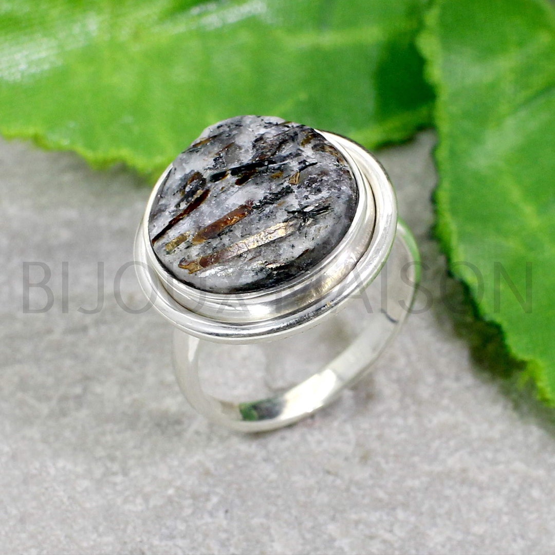 Round Natural Astrophyllite Druzy Rough Ring in 925 Sterling Silver ...